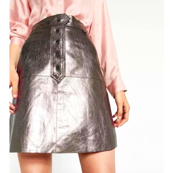 Zara | Skirts | Zara Silver Aged Metallic Leather Skirt | Poshmark